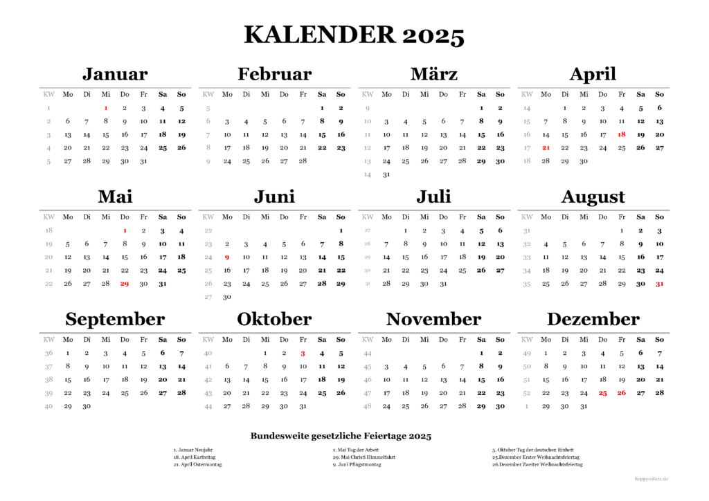 Kalender Mit Kalenderwochen 2025 - Kalender 2025
