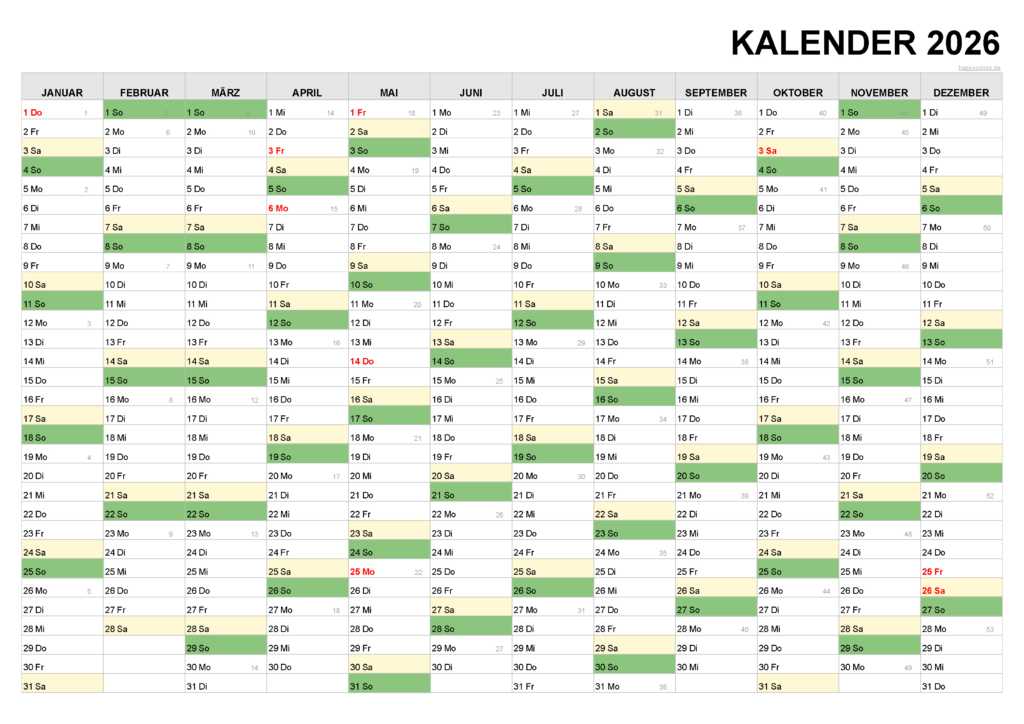 Kalender 2026 mit KW zum Ausdrucken - Kalender 2025