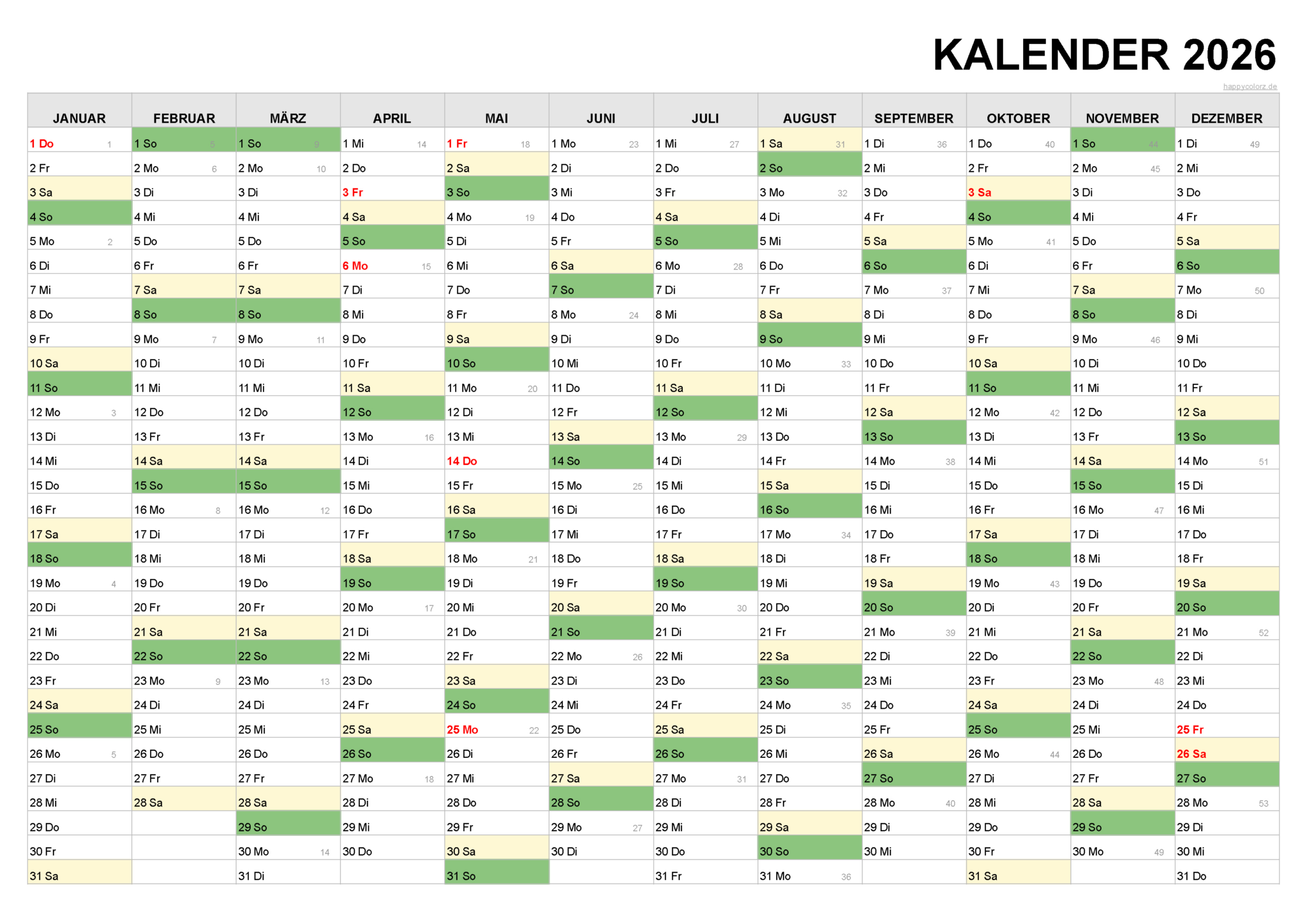 Kalender 2026 mit KW zum Ausdrucken - Kalender 2025